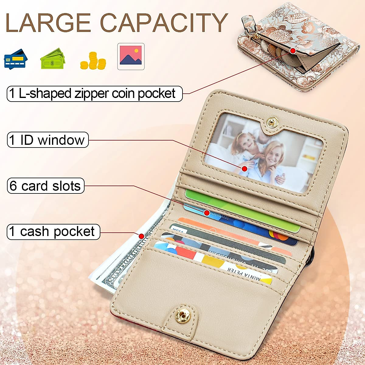 APHISON Womens Wallet, Slim Small Wallet for Women RFID Wallet Women Cartoon Microfiber Leather with ID Credit Card Holder Zipper Coin Pocket Bifold Compact Wallet Bird