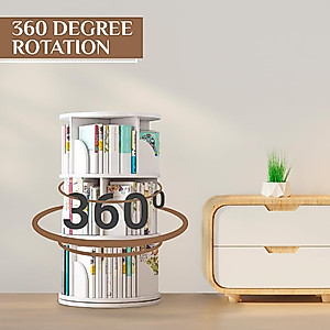PrimeNex Rotating Bookshelf Tower 360° Display Bookcase, Floor Standing Book Shelf Storage Rack for Kids&Adult, Solid Wood Small Corner Bookshelf Organizer for Bedroom, Living Room- White (3 Tier)