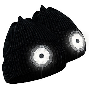 Riuog LED Beanie Hat with Light,USB Rechargeable Headlight Cap,Unisex Knit Lighted hat, for Outdoor Activities (Black 2 Pack)