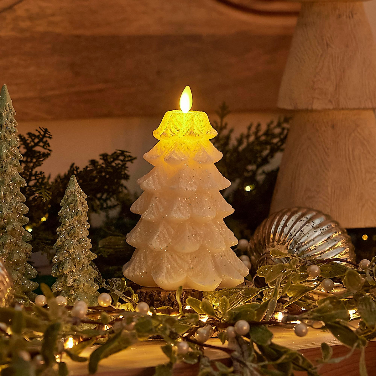 Luminara Christmas Tree Flameless Candle Glitter and Snow Finish Moving Flame Effect LED Candle, Timer, Remote Ready, Holiday Decoration (4.7" x 6.5", White Swan)