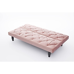 Convertible Velvet Sofa Bed Futon with Wooden Legs, Folding Sofa Bed, Loveseat Sleeper, Sofabed Suitable for Family Living Room, Apartment, Bedroom, Compact Living Spaces, Office Dorms (Pink)