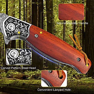 KOMWERO Damascus Pocket Knife, VG10 Damascus Steel Folding Knife with Wood Handle, Leather Sheath, Liner Lock, EDC Knife for Outdoor Survival Hunting Collection