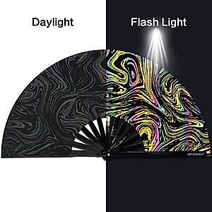 Raveahem Lridescent Holographic Large Rave Bamboo Folding Clack Hand Fan With Holster for Men/Women Handheld Fan for EDM,Music Festival,Club,Freaky,Party,Dance,Performance,Decoration,Gift