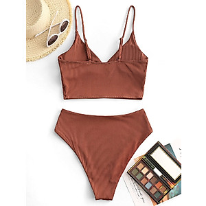 ZAFUL Women Tankini Set, Ribbed High Cut Surplice Swimsuit Bathing Suit with Spaghetti Straps (0-Coffee-Surplice,XL)