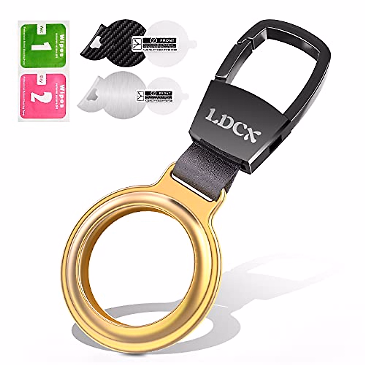 Airtag Keychain, Air tag Case Holder Aluminum Alloy Magnetic, 3 Sets Airtag Front Back Screen Protective Film Designed for Apple AirTag - Gold