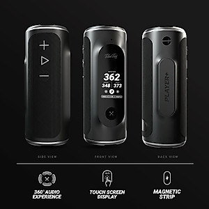 Blue Tees Golf Player+ GPS Speaker with Touch Screen Display, 10+ Hours Battery, 40,000+ Courses, Visual + Audible Distance, Hazard Distance - IPX7 Waterproof (Black)