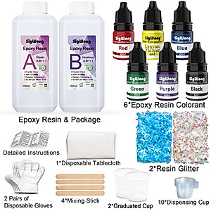 Epoxy Resin Crystal Clear Coating Kit 300ml - 2 Part Casting Resin For Art, Craft, Tumbler, Jewelry Making, Bonus Glove, Mixing Stick, Graduated Cup, Resin Pigment, Glitter, Dispensing Cup, Tablecloth