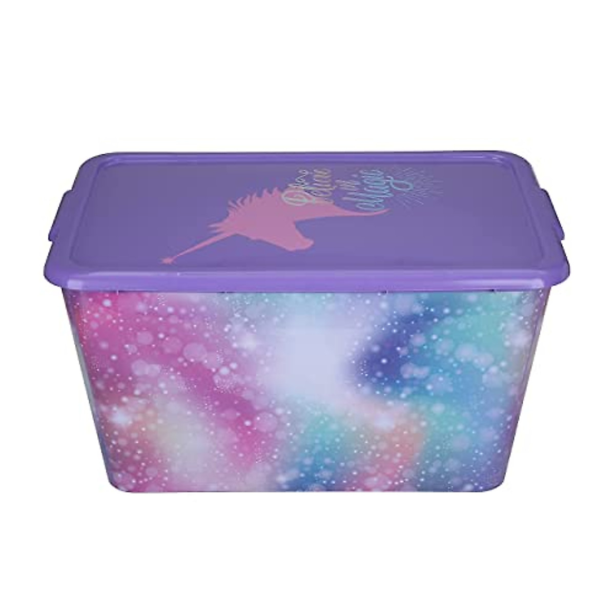 SIMPLYKLEEN 14.5-gal. Plastic Storage Containers with Rainbow Unicorn Print Lids, Reusable Stacking StorageChest for Girls, (4 Pack) Made in the USA