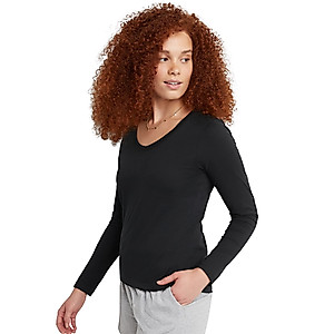 Hanes Comfortblend Women's Originals Long Sleeve Cotton T-Shirt, Lightweight V-Neck Tee, Modern Fit, Ebony, X-Large