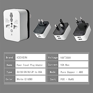 Universal Power Travel Plug Adapter Converting from EU/UK/CN/AU/JP to US (2 USB Ports)