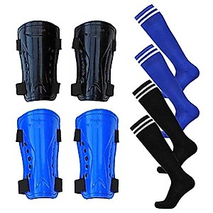 Haploon 2 Pair Knee Shin Guards Soccer Football Shin Pads Protector Calf Knee Protective Gear for 5-10 Old Kids, Teenagers, Boys, Girls, with 2 Pair Long Sleeve Soccer Socks