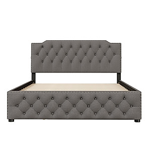 JIVOIT Queen Size Upholstered Platform Bed with Twin Trundle and 2 Sets of USB Ports on Each Side, Linen Fabric Upholstered Bed with Button-Tufted Headboard and Footboard (Gray,Trundle,USB Ports)