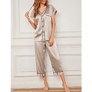 Ekouaer Satin Pajama Set Womens Short Sleeve V Neck Silky Shirt with Capri Pants Button Down PJs Soft Silky Loungewear Champagne L