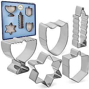 Stainless Steel Hanukkah Cookie Cutters, 5 Hanukkah Menorah, Dreidel, Chanuka Candle, Star, Maccabee Shield Shaped Cookie Cutters