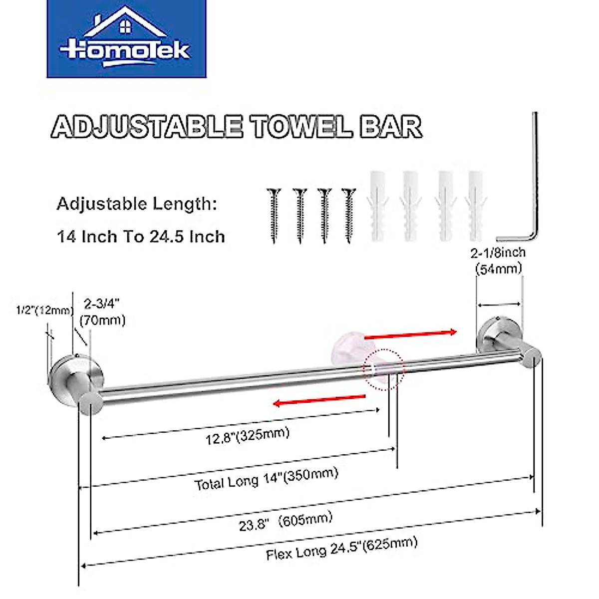 HOMOTEK Towel Bar Adjustable Bathroom Towel Holder, Towel Rod Size from 14 Inch to 24.5 Inch Single Towel Racks, Wall Mount Towel Rail, Towel Hanger Towel Hook for Bathroom, Kitchen(Brushed Nickel)
