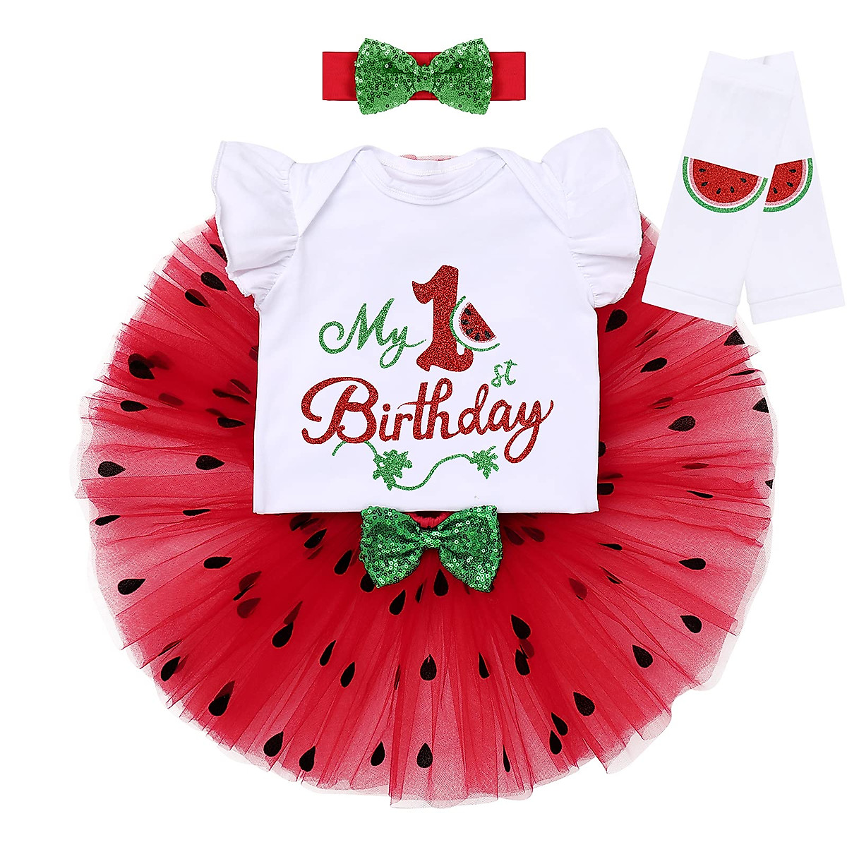 Newborn One Melon Baby Girl First Birthday Cake Smash Outfit Romper + Tutu Skirt/Shrots + Headband 3pcs Princess Formal Prom Clothing Set 0-3Months Clothes Playwear Red-My 1st Birthday 1T
