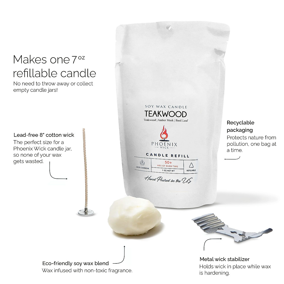 Phoenix Wick Candle Pack – Transform Anything Into A Candle – Candle Making Kit with Wick + 7oz Wax (Teakwood Scent)