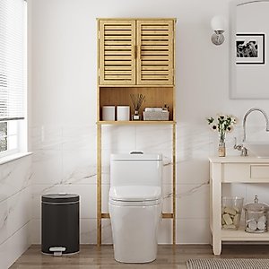 JoanKaren Over The Toilet Storage Cabinet,Bamboo Bathroom Cabinet with Adjustable Shelf and Doors,Freestanding Above Toilet Shelf for Bathroom,Space-Saving Toilet Rack