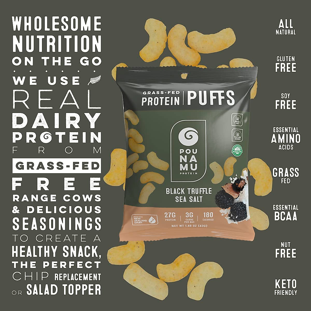Pounamu Protein Puffs | Sample, Variety Pack | 27g Grass-Fed, Free-Range New Zealand Dairy Protein and 180 calories per bag | Delicious gourmet flavors | 1.48 Ounce (42g) x 4 pack