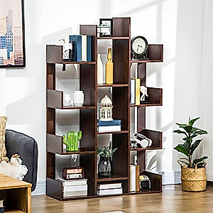 HOMCOM Tree Bookshelf, Modern Freestanding Bookcase with 13 Open Shelves, Display Unit for Living Room, Study or Office, Brown