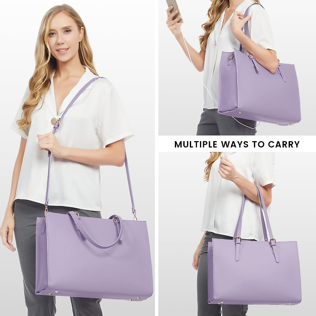 LOVEVOOK Laptop Bag for Women, Fashion Works Computer Tote Bag, 15.6-Inch Large Capacity Shoulder Bag Set with Clutch Purse, Professional Business Briefcase for Office Lady, 2PCs, Light Purple