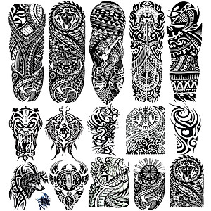 Kotbs 15 Sheets Tribal Totem Tempoary Tattoo Sleeves for Men Women, 5 Sheets Full Arm Tattoo Sleeve and 10 Sheets Half Arm Tattoo Stickers, Waterproof Large Fake Tattoos Body Art Temporary Tattoo