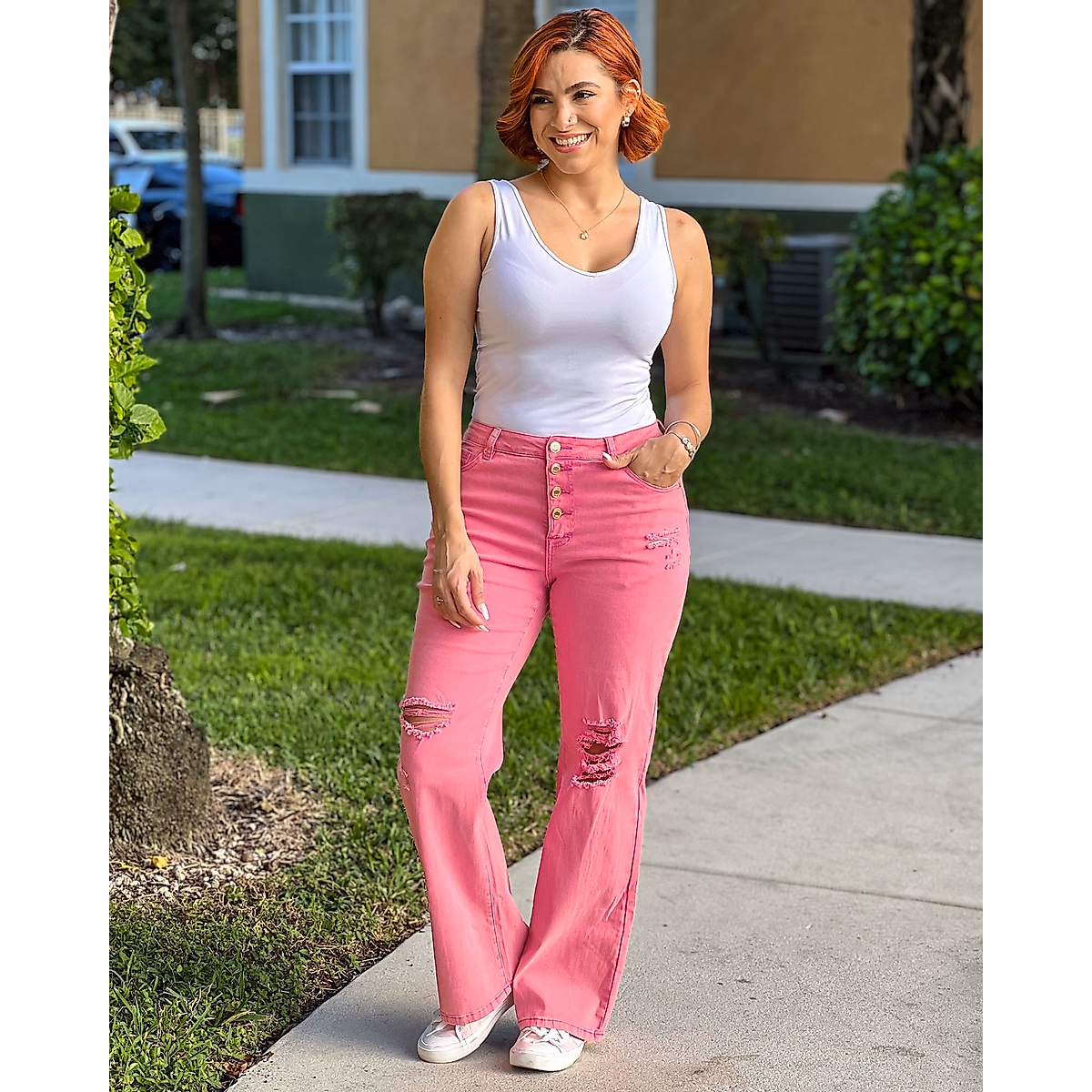 LookbookStore Womens Boot Cut Bottom Jeans Mid Rise Women Distressed Jeans Cut Out Flare Pants Fashion Jeans for Women Brillant White Size Large Fits Size 12 / Size 14