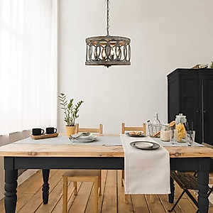Farmhouse Drum Pendant Light Chandeliers for Dining Room, 4-Light Handmade Antique Wood & Matte Black Industrial Round Cage Rustic Kitchen Island Lighting for Entryway Bedroom Hallway Living Room