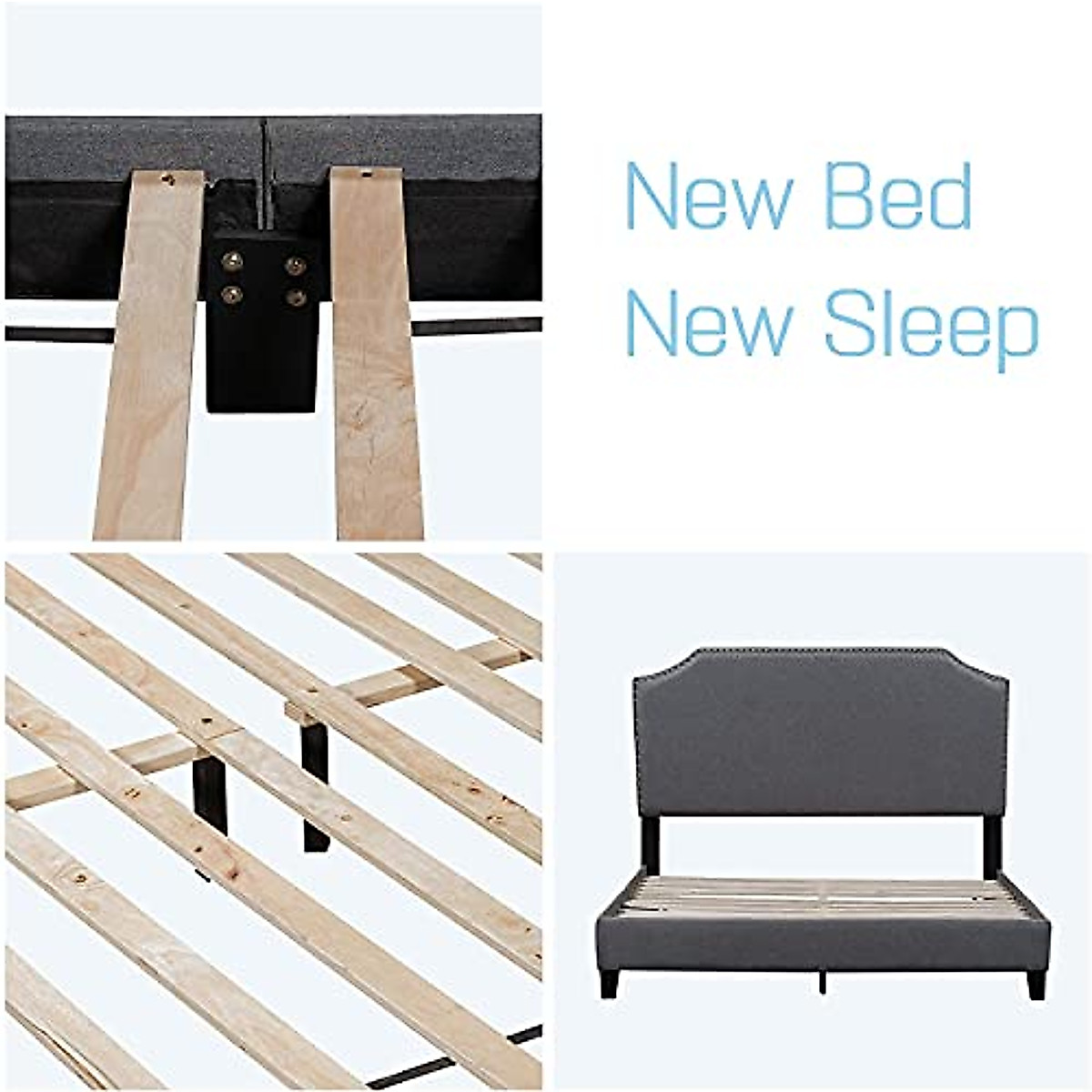 STP-Y Upholstered Platform Bed, Rockjame Full Bed Frame Mattress Foundation with Nailhead Trim Headboard and Plywood Slats, No Box Spring Required (Full) (Size : Full)