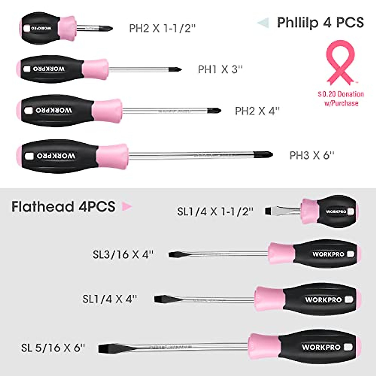 WORKPRO Magnetic Screwdrivers Set, 8-piece Pink Hand tools for Womens, Includes Philips, Flathead, Slotted, Stubby Screwdrivers with Organizer Rack - Pink Ribbon