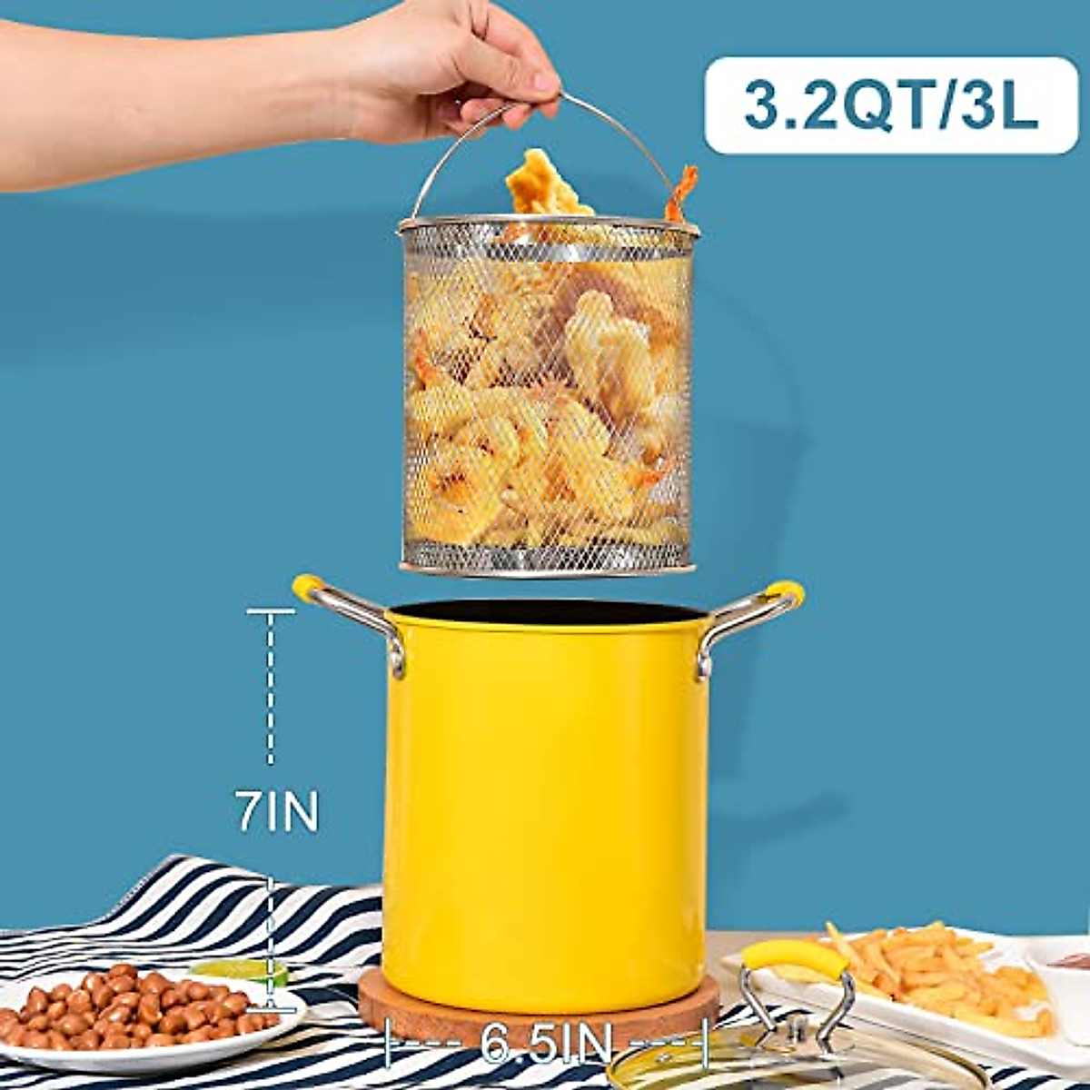 PARACITY Small Deep Fryer Pot with basket, Mini Deep Oil Fryer with Anti-scalding Silicone Handle, 304 Stainless Steel Gadgets for Home, Tempura Chips, Fries, Fish, and Chicken( 3.2QT/3L)