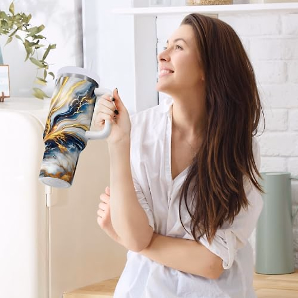 Maunzc 40 oz Tumbler with Handle and Straw, Insulated Stainless Steel Travel Mug with Lid for Coffee, Iced Tea, Water, Gift for Men Women (White Blue Gold Marble)