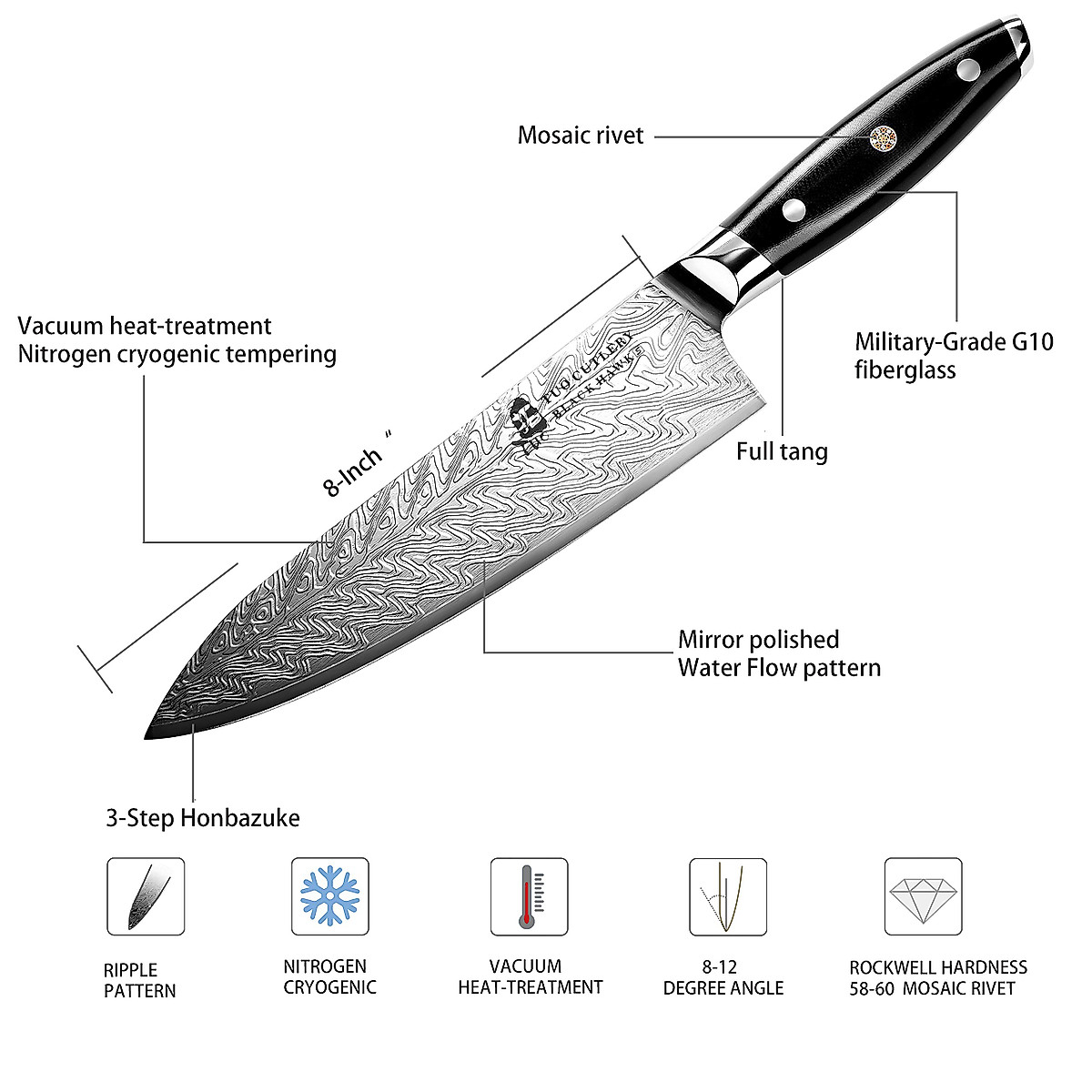 TUO Chef Knife - Kitchen Knives 8-inch High Carbon Stainless Steel - Pro Chef Vegetable Meat Knife with G10 Full Tang Handle - Black Hawk-S Series Knives Including Gift Box