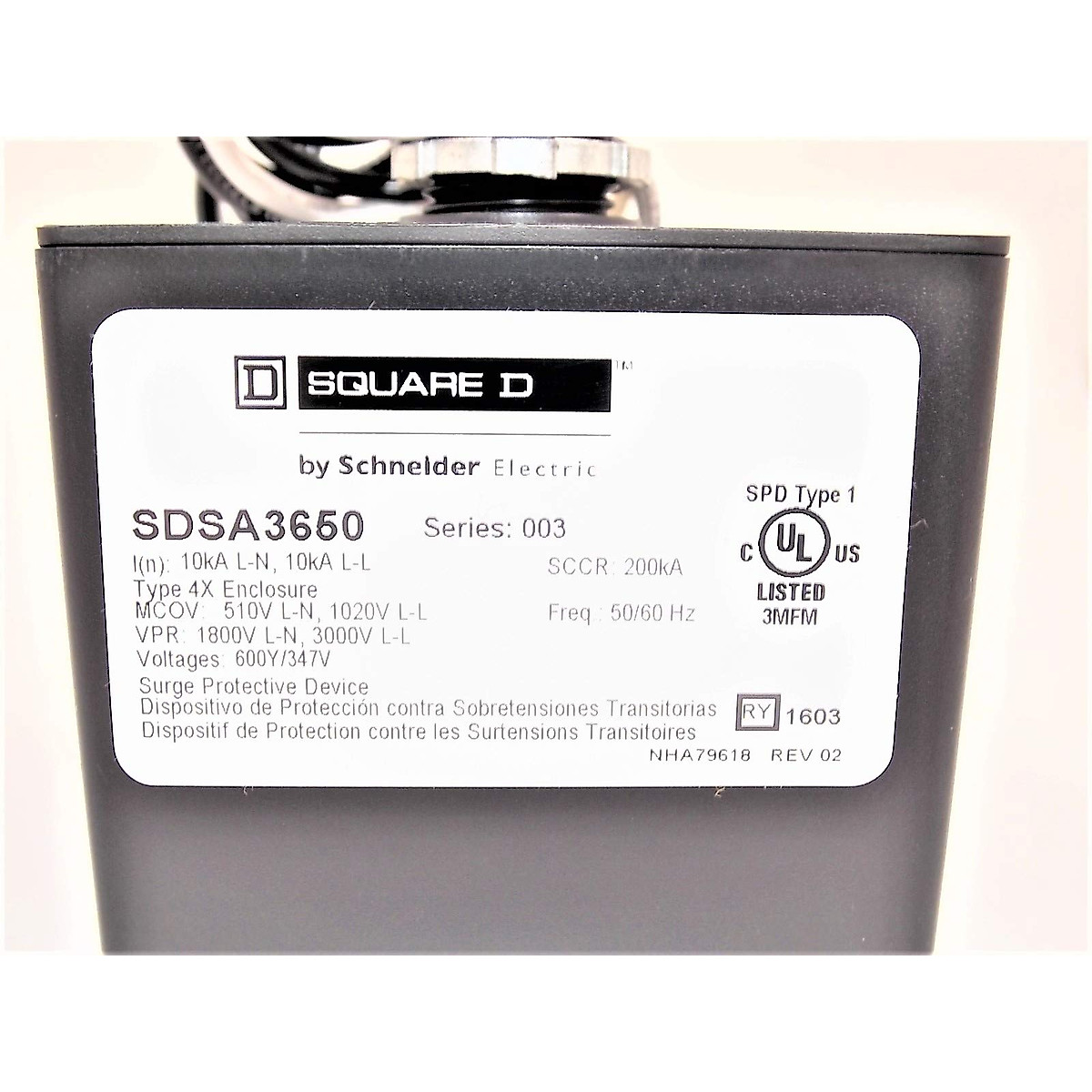 SCHNEIDER ELECTRIC Load Center 3Ph Secondary Surge Arrestor SDSA3650 SPD T1 Sdsa 40Ka 600V Max 3P4W, Black