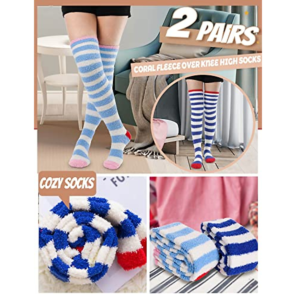 MOGGEI Womens Thigh High Fuzzy Socks Over Knee High Striped Stocking Stuffers Fluffy Cozy Slipper Fleece Gift Socks 2 Pairs (Blue & White Striped)