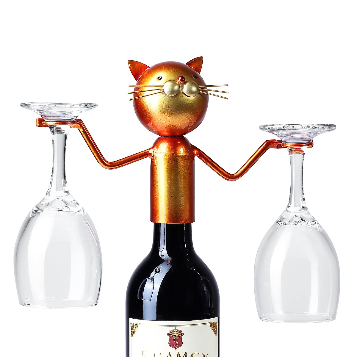 Drincarier Cat Decor Wine Bottle & Glass Holders Tabletop Wine Racks Shelf Metal Wine Bottle Holder Hold 1 Wine Bottle and 2 Glasses (Cat Wine Glass Holder)………