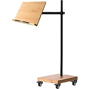 Floor Stand for Book Reading - wishacc Height Adjustable Bamboo Book Stand Holder Extra Large Sturdy Rolling Lectern Stand with Wheels (13.4 x 9.3 Inches)