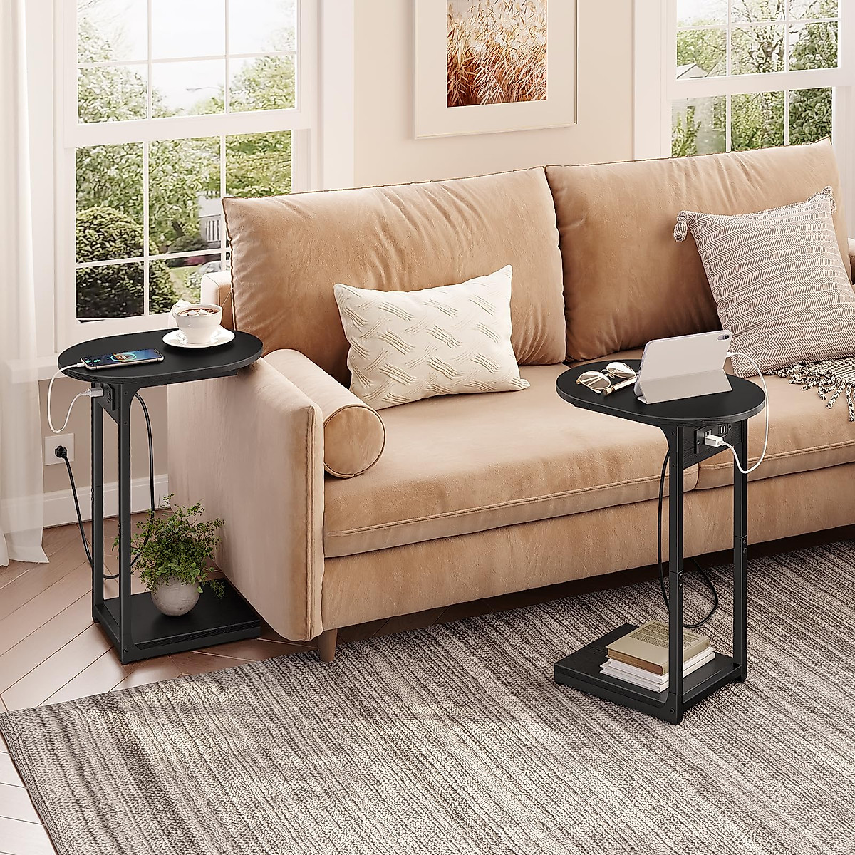 HOOBRO C Shaped End Table with Charging Station, Round Couch Side Table, TV Tray Slide Under Sofa Table with Metal Frame for Small Spaces, Living Room and Bedroom, Black BB18USF01