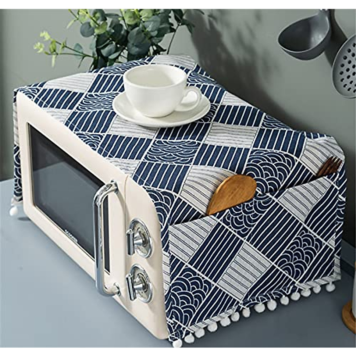 Ammsochy Microwave Oven Cover Dust Oil Proof Cloth with Storage Pockets Cotton Linen Kitchen Toaster Appliance Protector (Cube Scales)