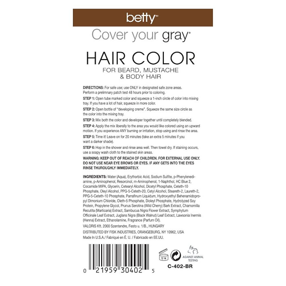 Betty Cover Your Gray Mens Hair Color for Beard, Mustache & Body Hair - Brown