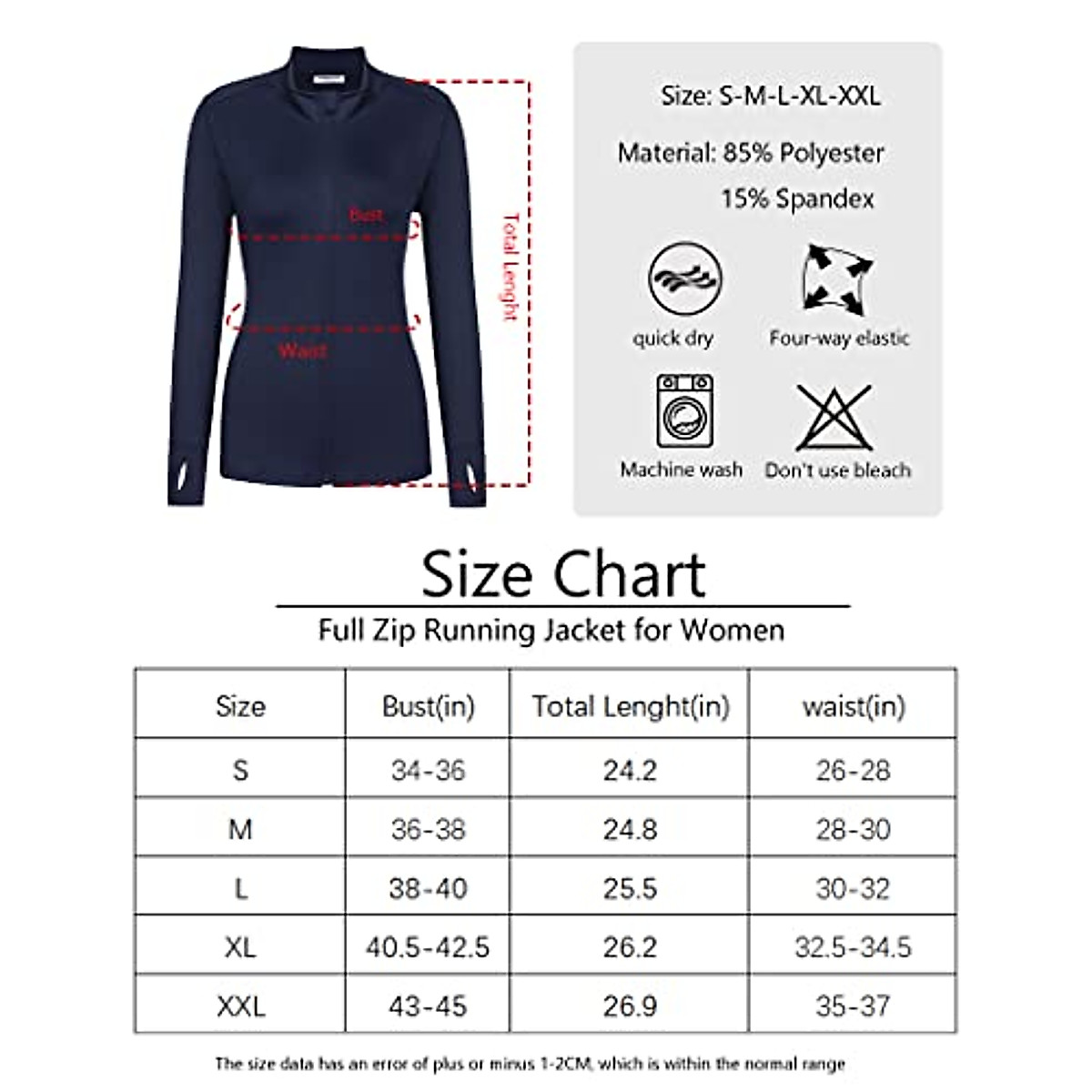 PINSPARK Workout Long Sleeve Sports Jacket For Women Full Zip Workout Running Track Jacket Breathable Navy Blue L