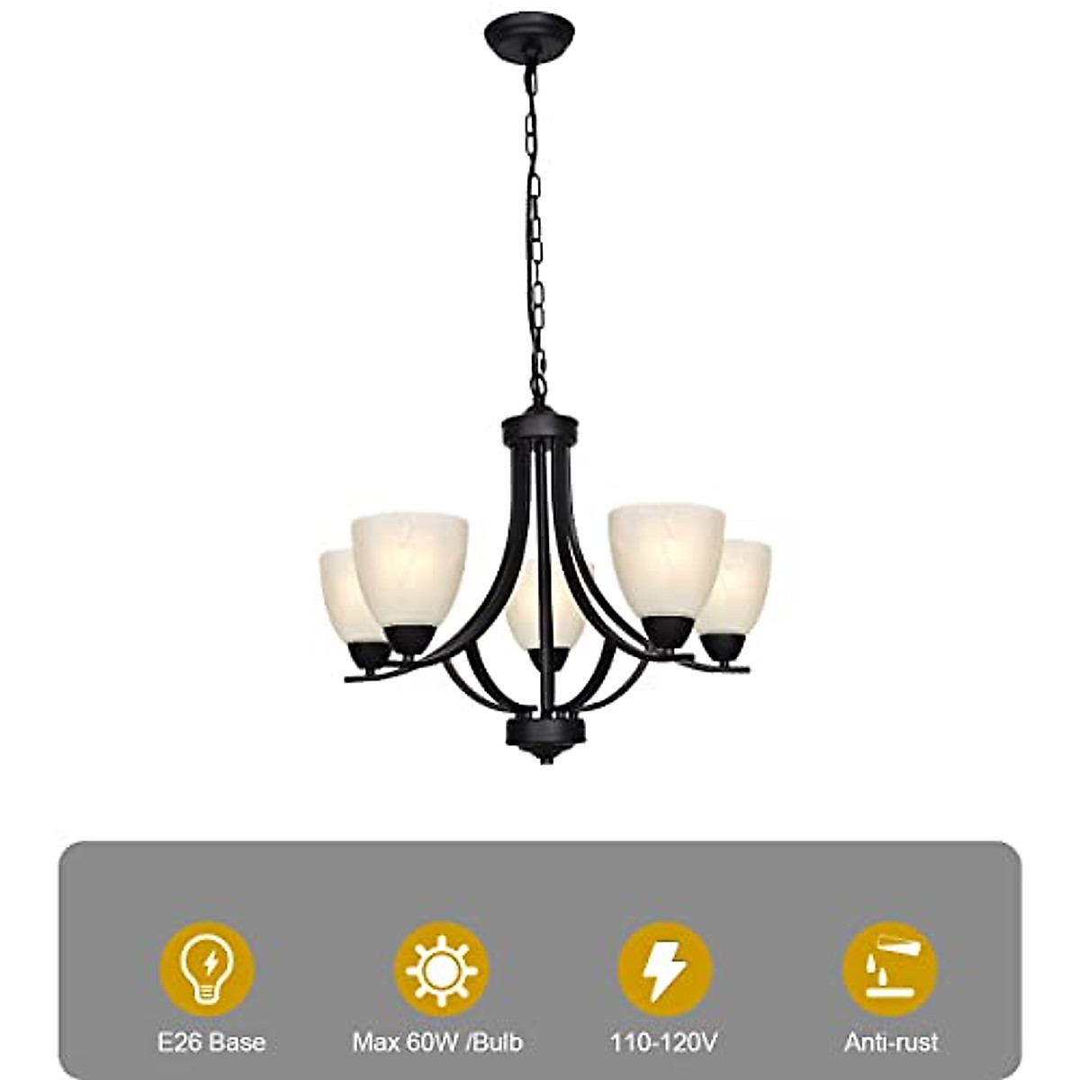 BONLICHT Traditional Chandelier Black 5 Light Modern Pendant Lights with Alabaster Glass, Industrial Vintage Dining Room Lighting Fixtures Hanging Flush Mount Ceiling Light for Bedroom Kitchen Island