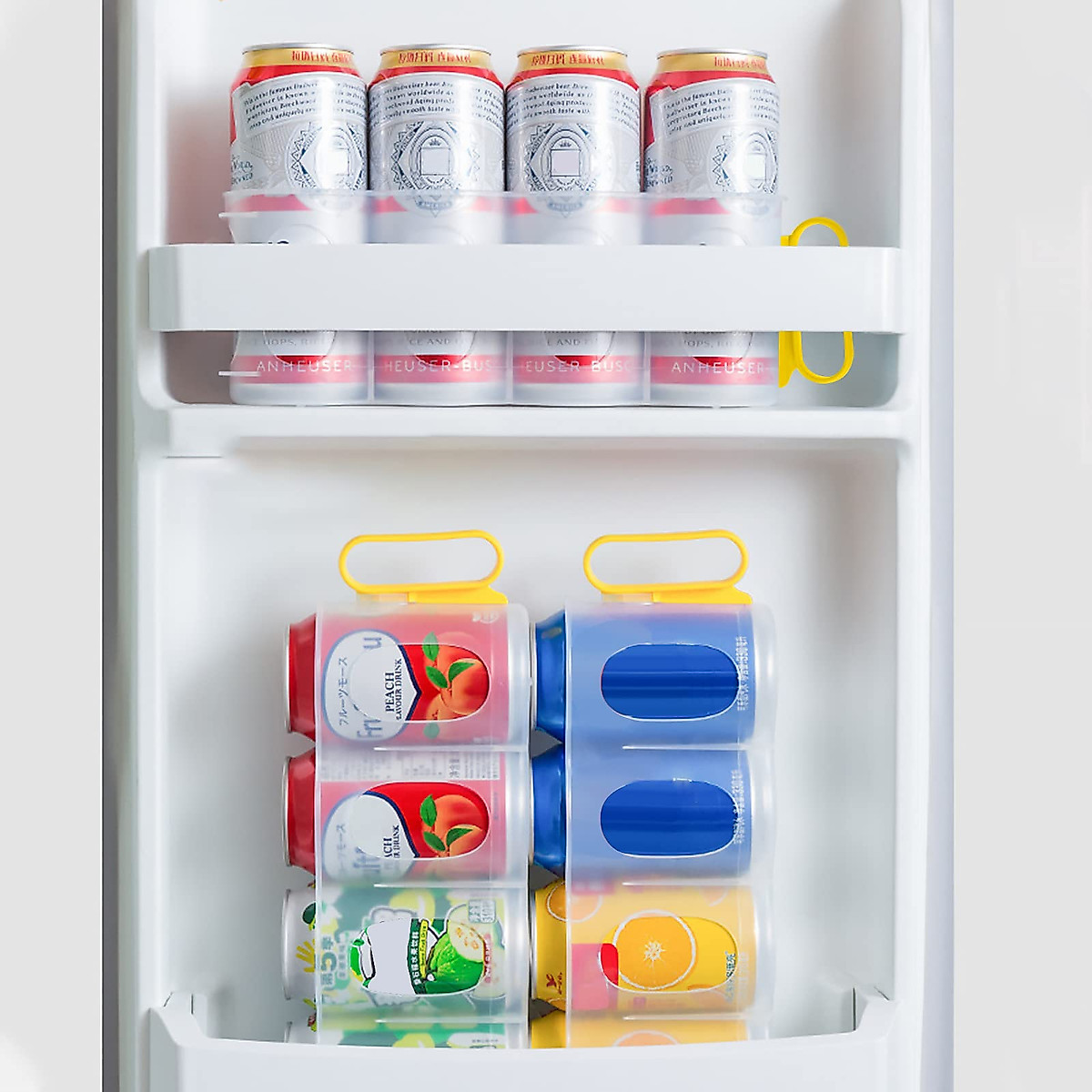 6 Pcs Portable Soda Can Organizer for Refrigerator Shelf Clear Plastic Beer Can Racks with Removable Handle Drink Organizer for Fridge Storage Beer Freezer Beverage Can Holder Soda Dispenser (Yellow)