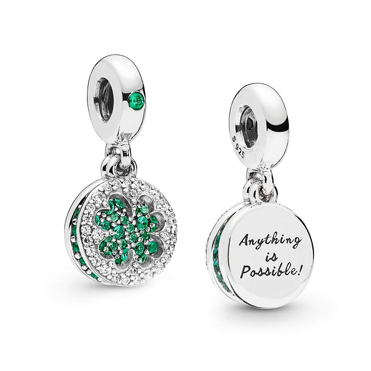 MiniJewelry Green CZ Lucky Clover Dangle Charm fits Pandora Moments Bracelets for Women Sterling Silver