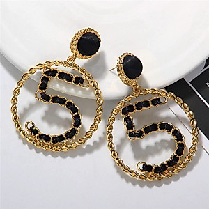 Women Jewelry Simple Simulated Pearl Number 5 Big Circle Earrings Black Ribbon Weaves,B Style