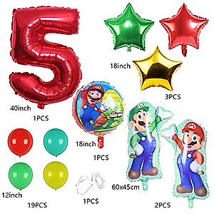 Mario Brothers Balloons Mario Birthday Party Supplies 5th Birthday Balloon Mario Party Decorations for Kids, Set of 27 Pcs (5th Mario)