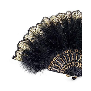HAPPY FEATHER Embroidered Flower Marabou Feather Fan, 1920s Vintage Style Flapper Hand Fan for Costume Party Dancing-Black