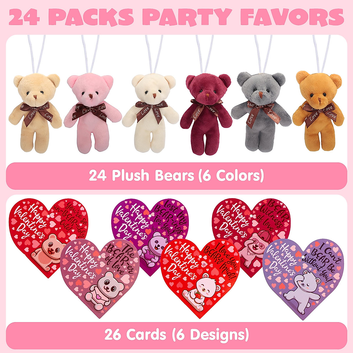 JOYIN 24 Packs Valentine's Day Heart Cards with Plush Toy Party Favors, Mini Stuffed Animal Plush Toys for Valentines Day Gifts, Kids Classroom School Exchange Prize (brown bear)