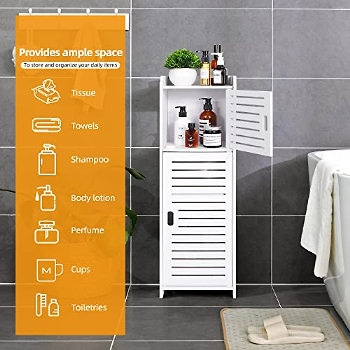 YARUKIMA Bathroom Storage Cabinet,Toilet Side Storage Organizer Floor Freestanding Cabinet with Shelves and Door,Bathroom Furniture,Side Table/Nightstand/Side Cabinet for Bedroom Living Room, White