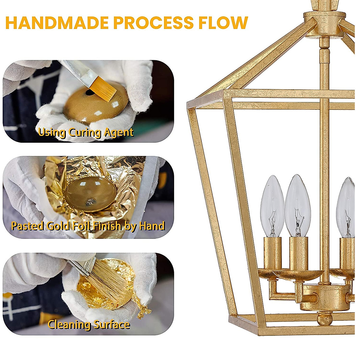 Untrammelife 4-Light Aged Gold Lantern Pendant Light, Adjustable Height Metal Geometric Light Fixture 12’’ Classic Cage Lantern Chandelier for Kitchen Island Hallway, Hand-Pasted Gold Foil Finish